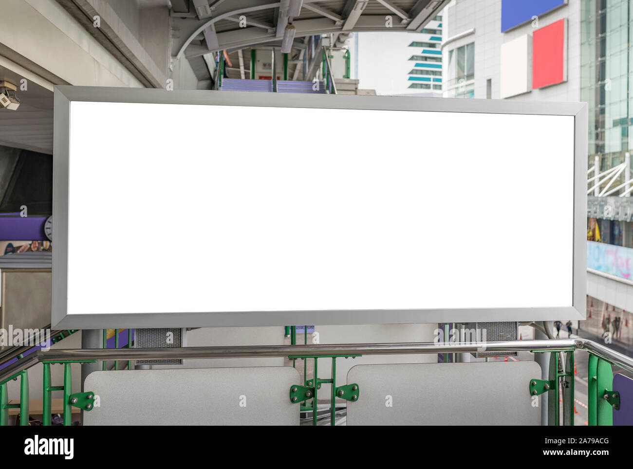 Blank banner poster on the walk path stair of in BTS station Thailand ...
