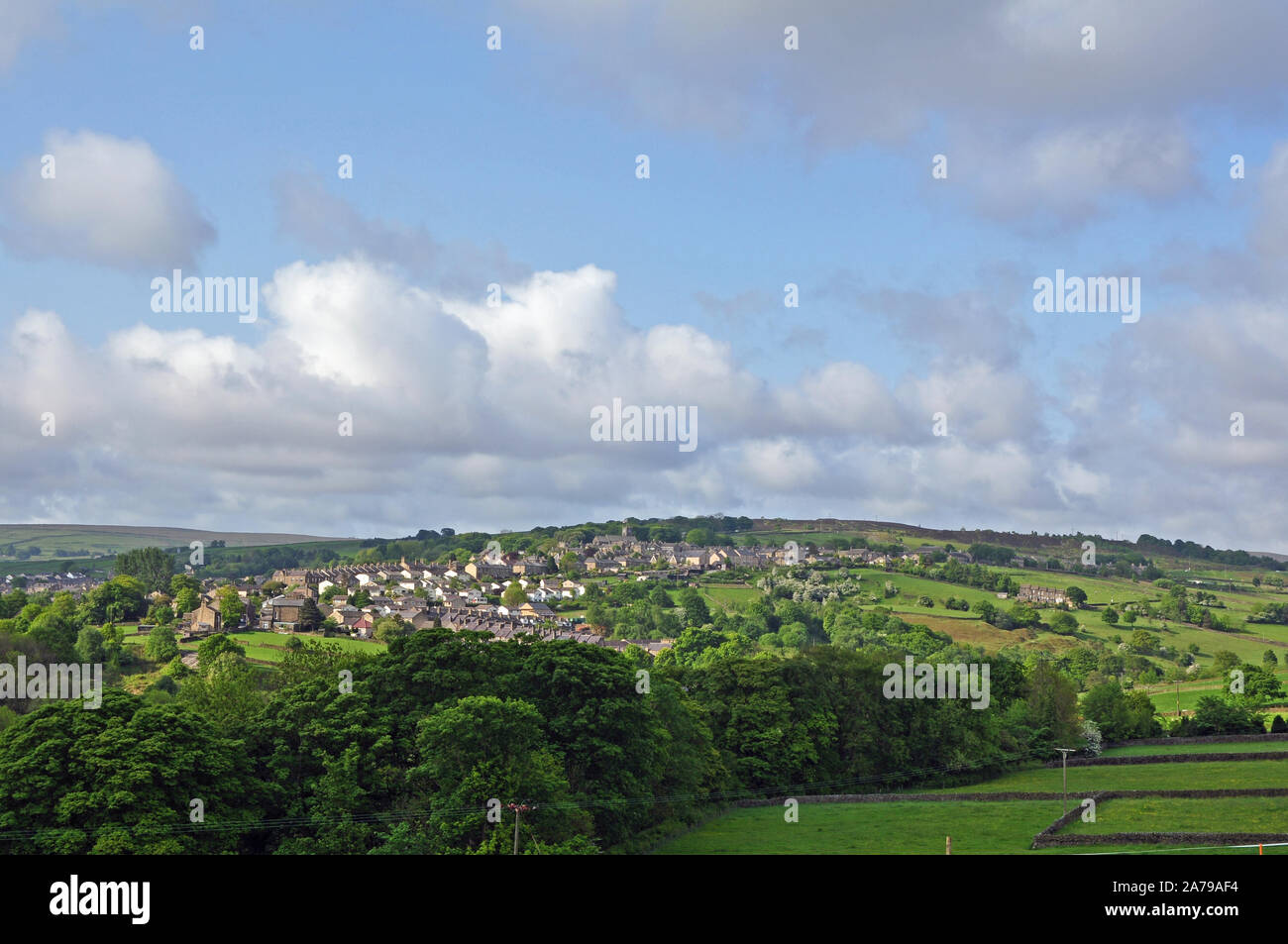 Distant view of Haworth and the Worth Valley, Bronte country, Yorkshire ...