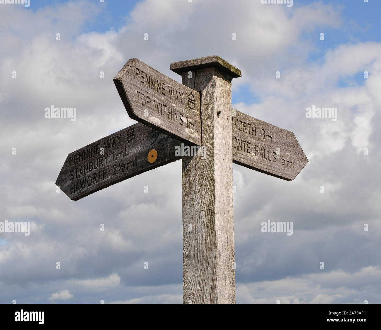 Sign post Haworth moor, Bronte country, Yorkshire Stock Photo - Alamy