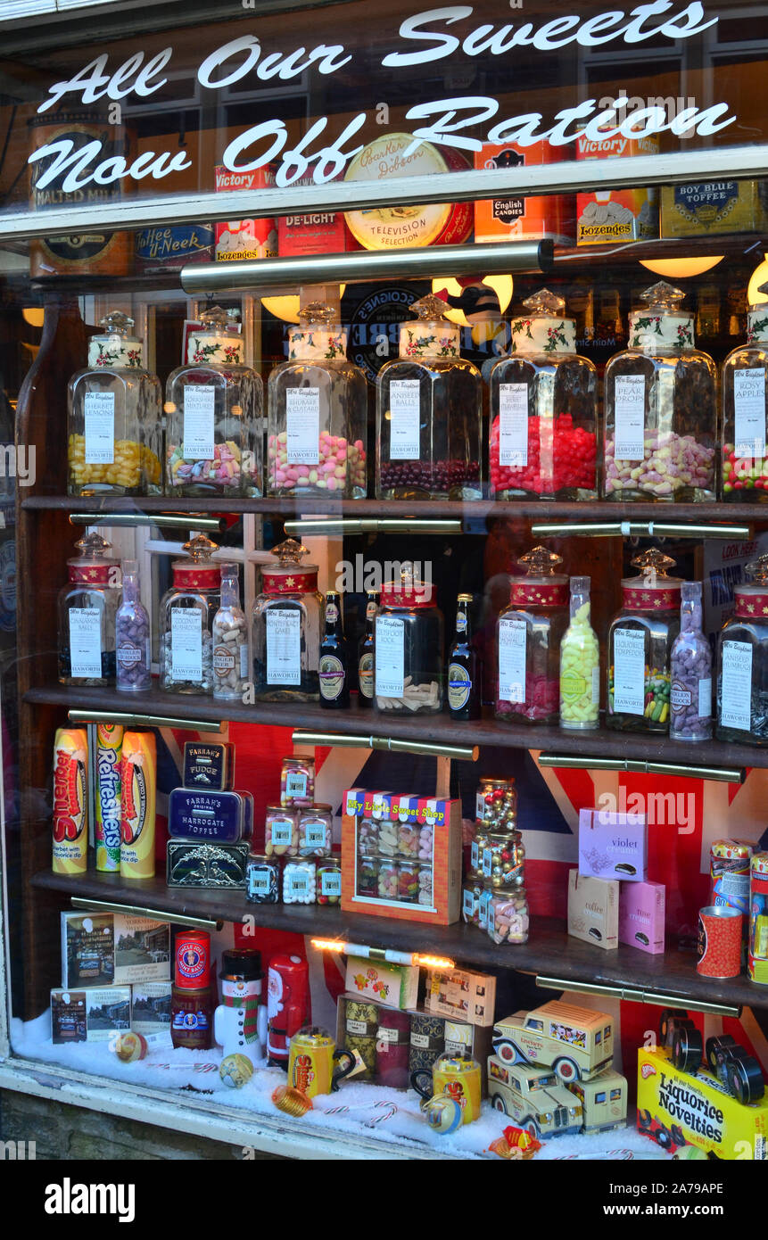 Sweet shop window, Haworth , Bronte country Stock Photo - Alamy