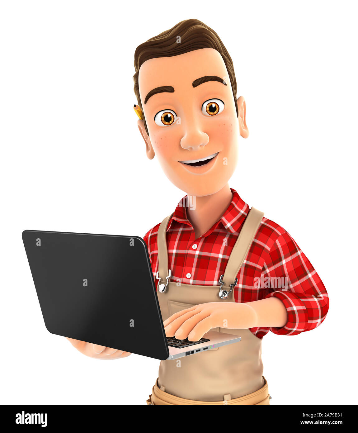 3d handyman standing and holding laptop, illustration with isolated ...