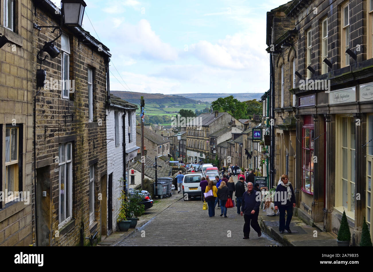 Autumn on Haworth Main Street, Bronte country, Yorkshire Stock Photo ...