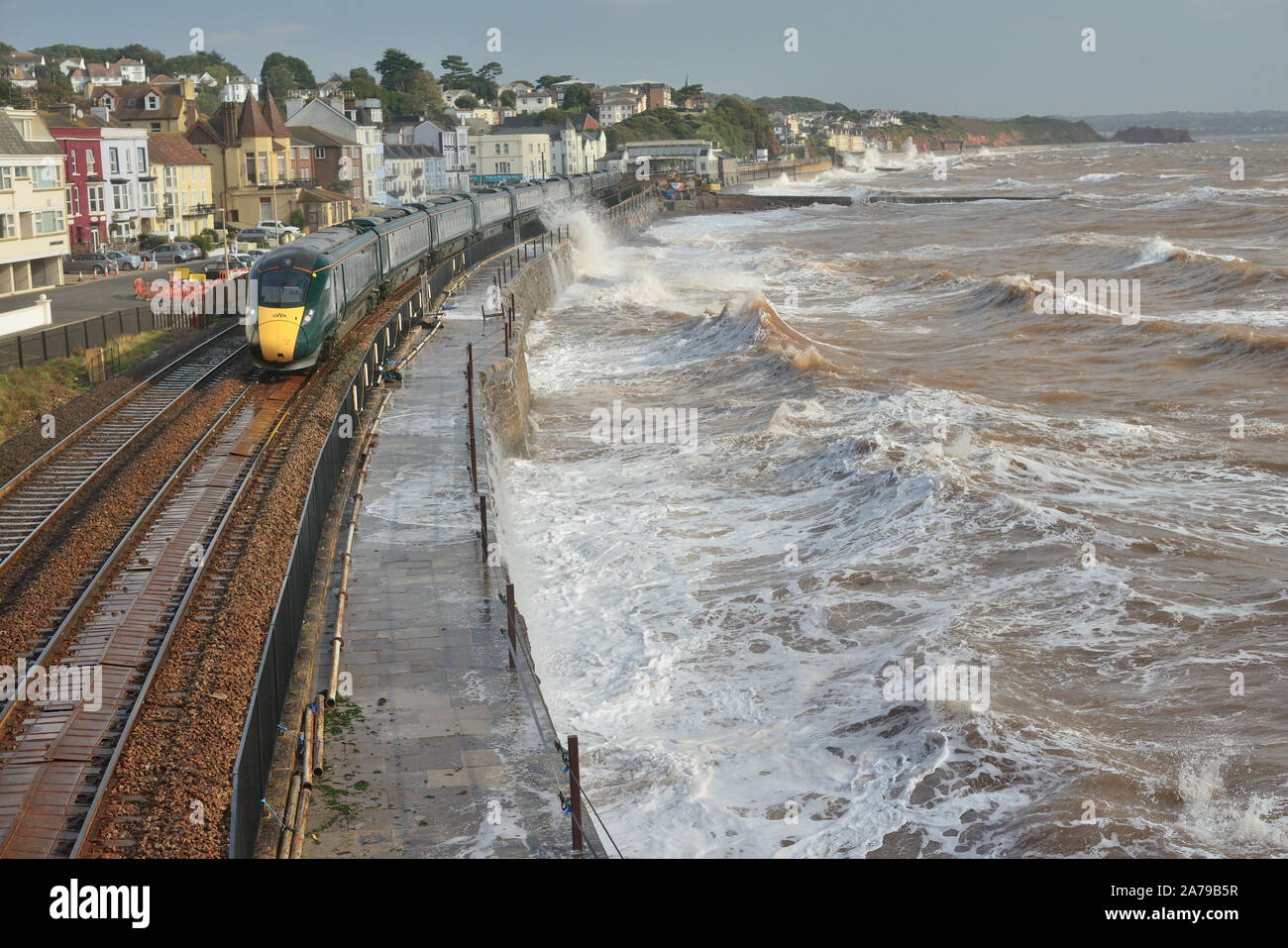 A westbound Intercity Express Train passing through Dawlish during high ...