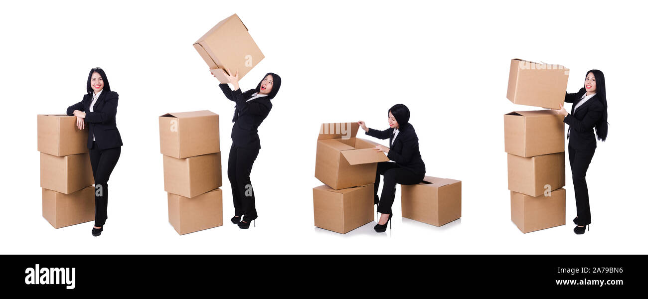 The woman with lots of boxes on white Stock Photo - Alamy