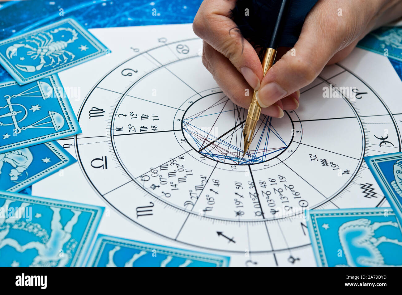 hand of an astrologer compiling an astrology chart with a feather pen ...