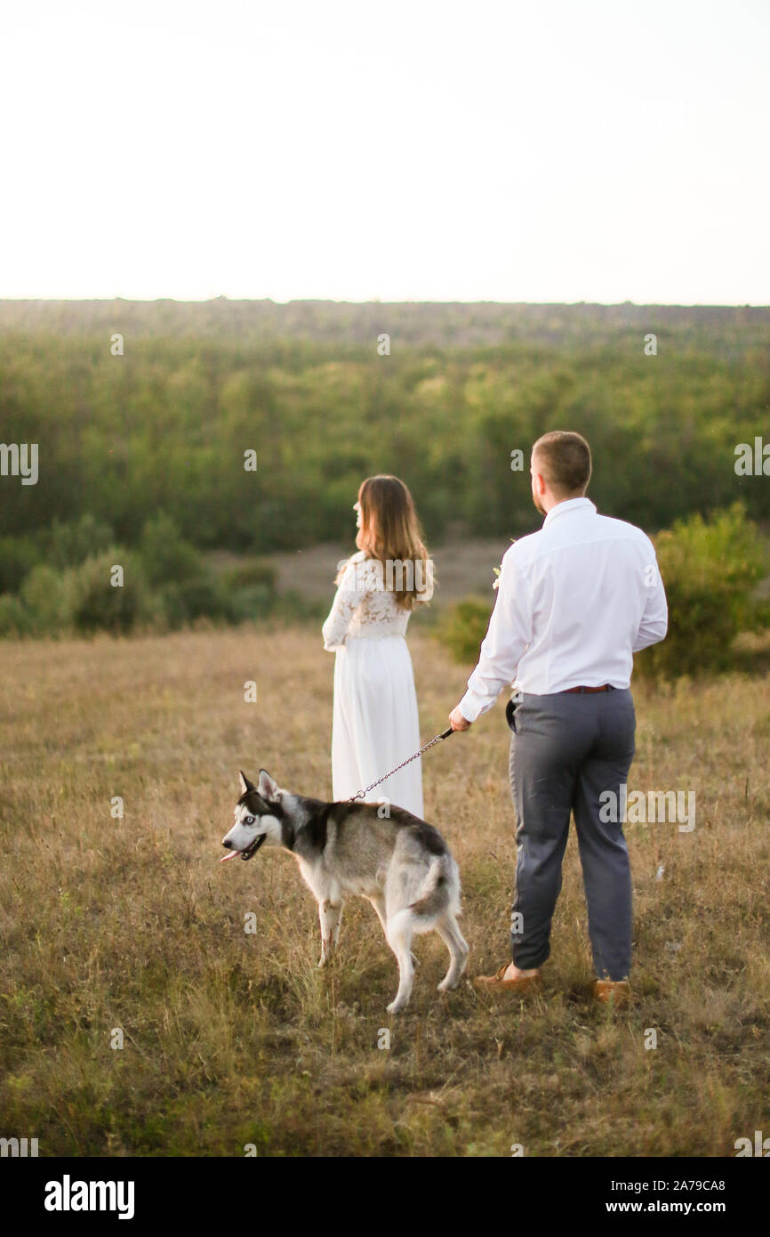 Back view of groom and bride walking in steppe with dog husky Stock ...