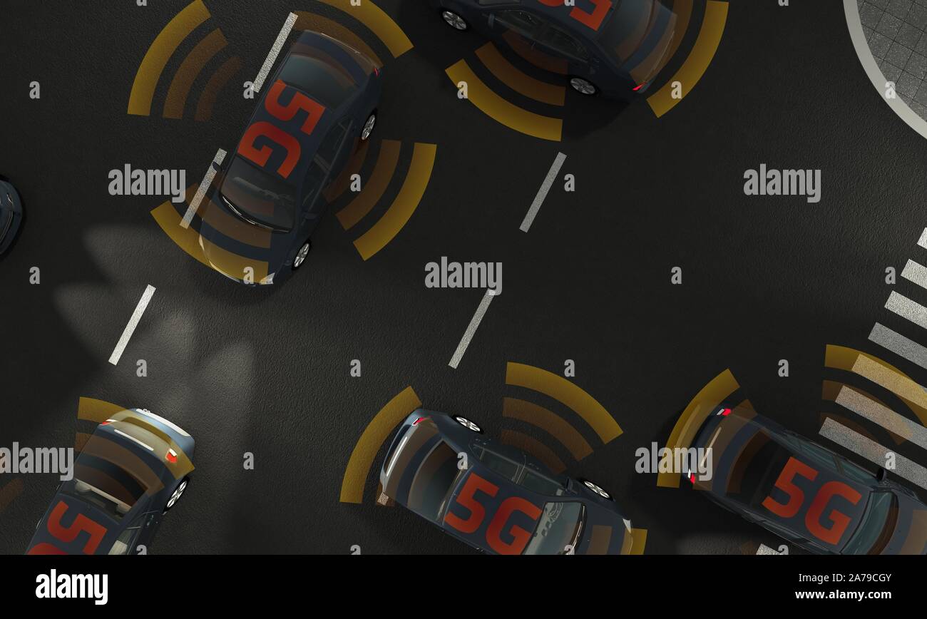 Autonomous cars on a road with visible 5G connection Stock Photo - Alamy