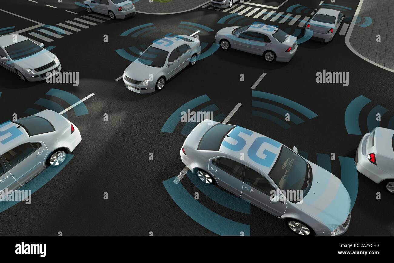 Autonomous cars on a road with visible 5G connection Stock Photo - Alamy
