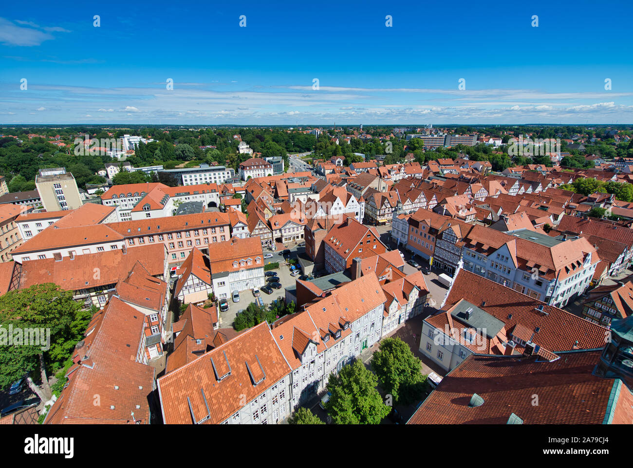 Beautiful medieval buildings of Celle in summer season, aerial view ...