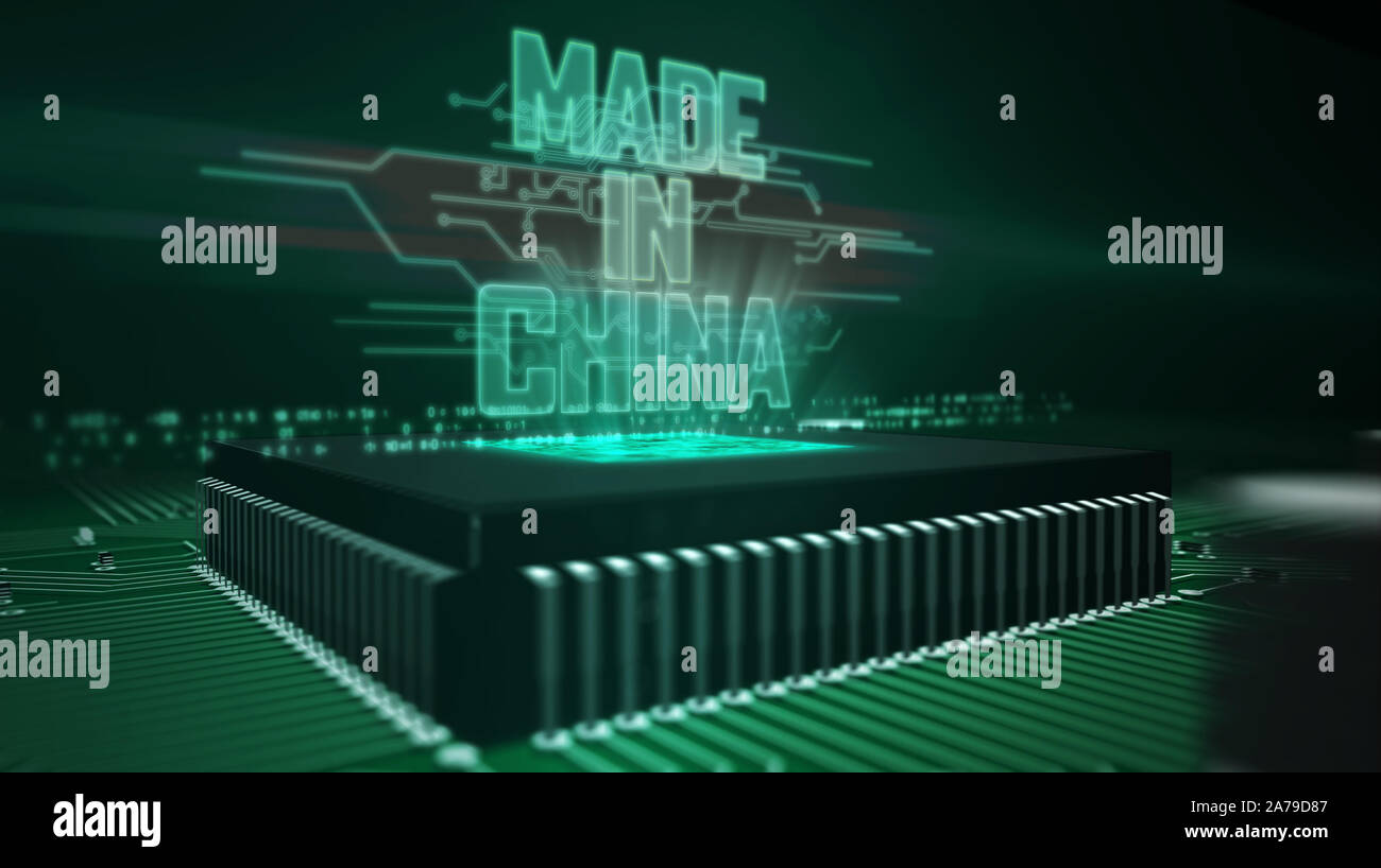 Made in China glowing hologram over working cpu in background. Modern ...