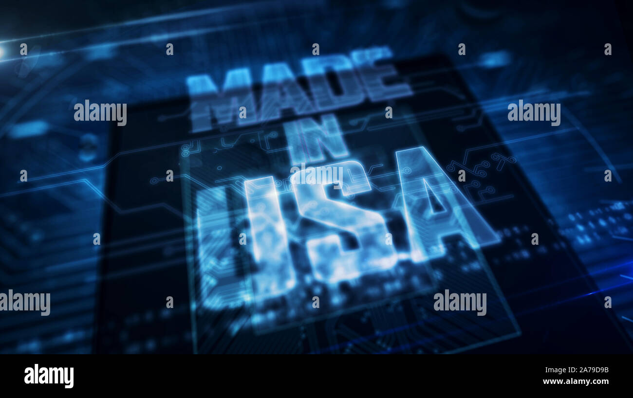 Made in USA glowing hologram over working cpu in background. Modern and ...