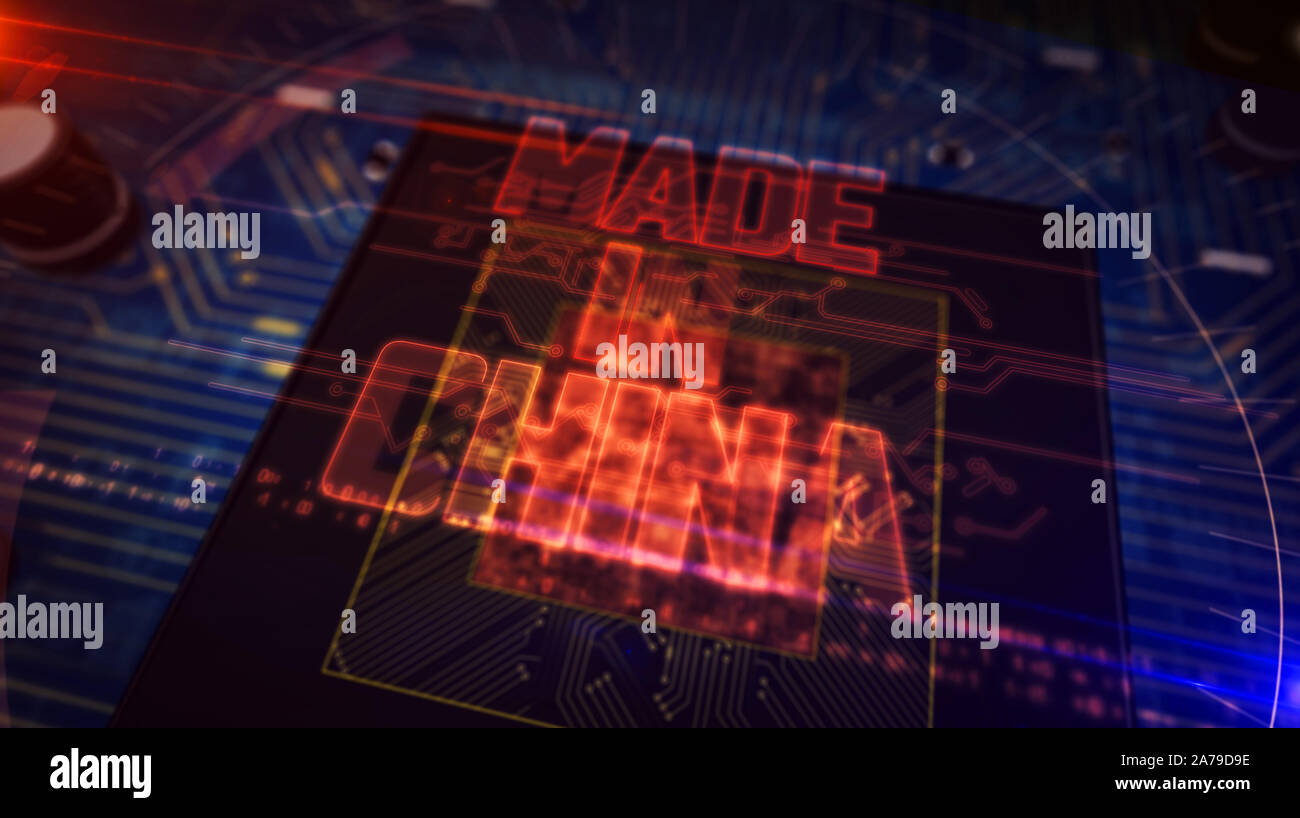 Made in China glowing hologram over working cpu in background. Modern ...