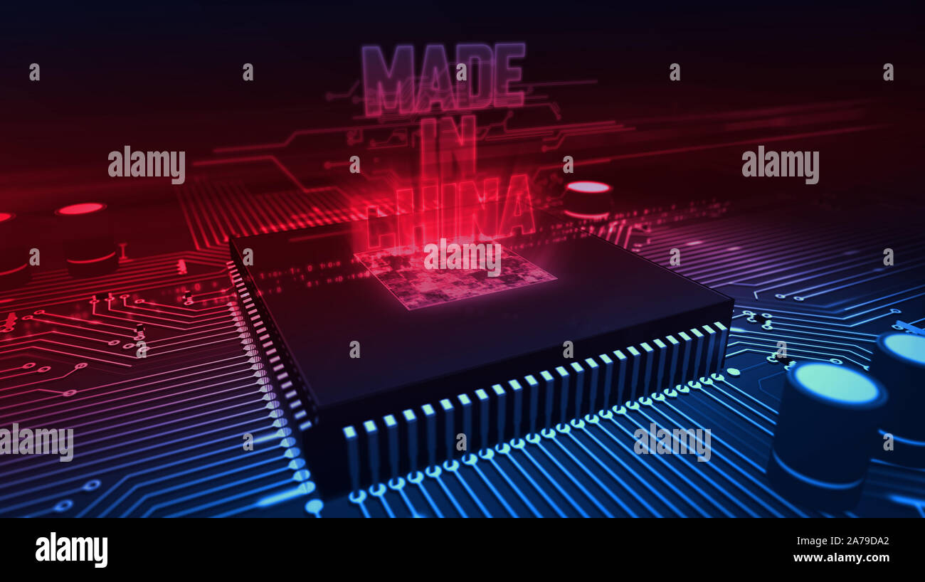 Made in China glowing hologram over working cpu in background. Modern ...