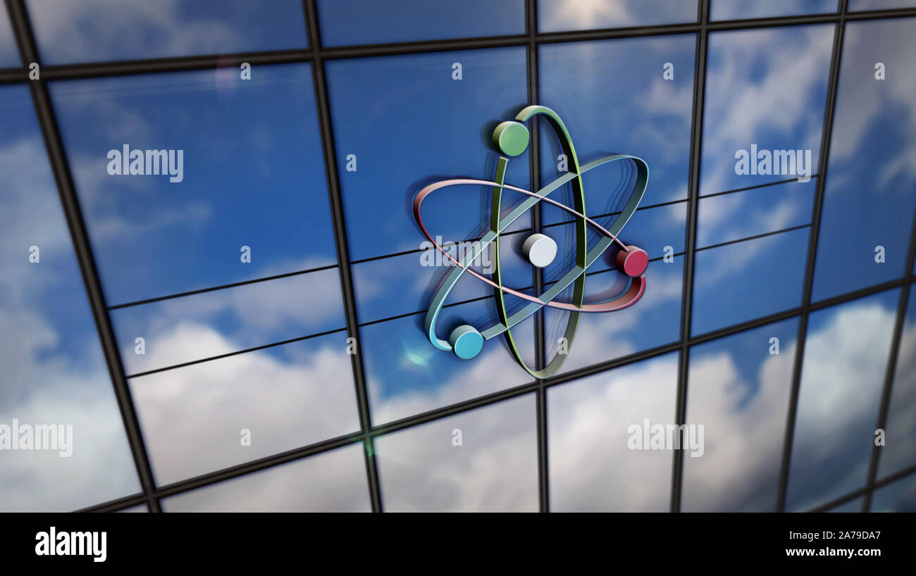 Atom energy symbol on glass building. Mirrored sky and city on modern ...