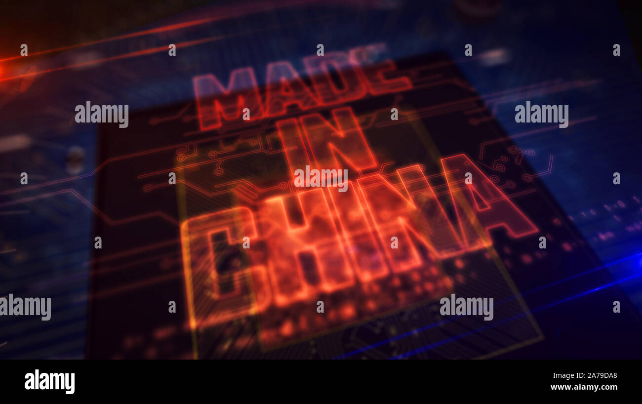 Made in China glowing hologram over working cpu in background. Modern ...