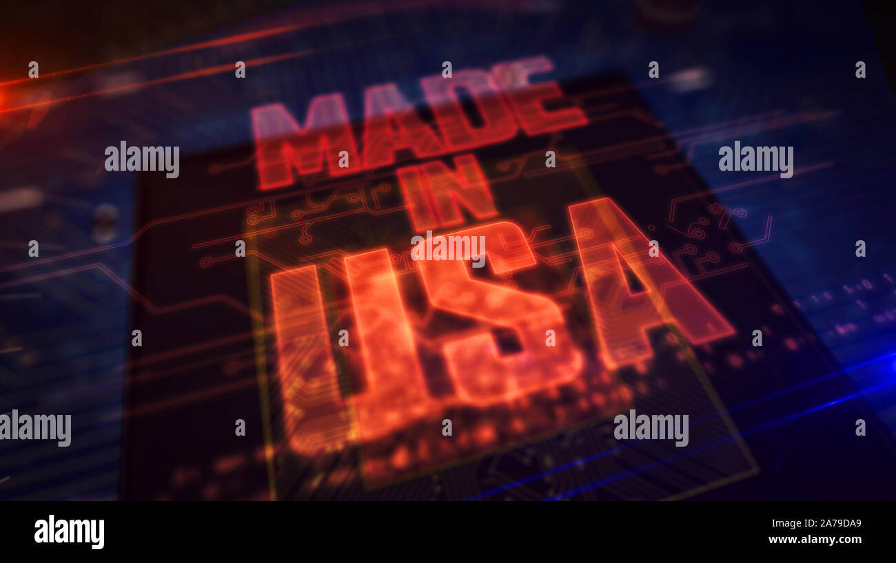 Made in USA glowing hologram over working cpu in background. Modern and ...