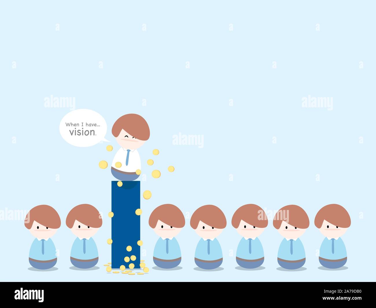 Cartoon businessman standing on high bar graph with speech bubble ...