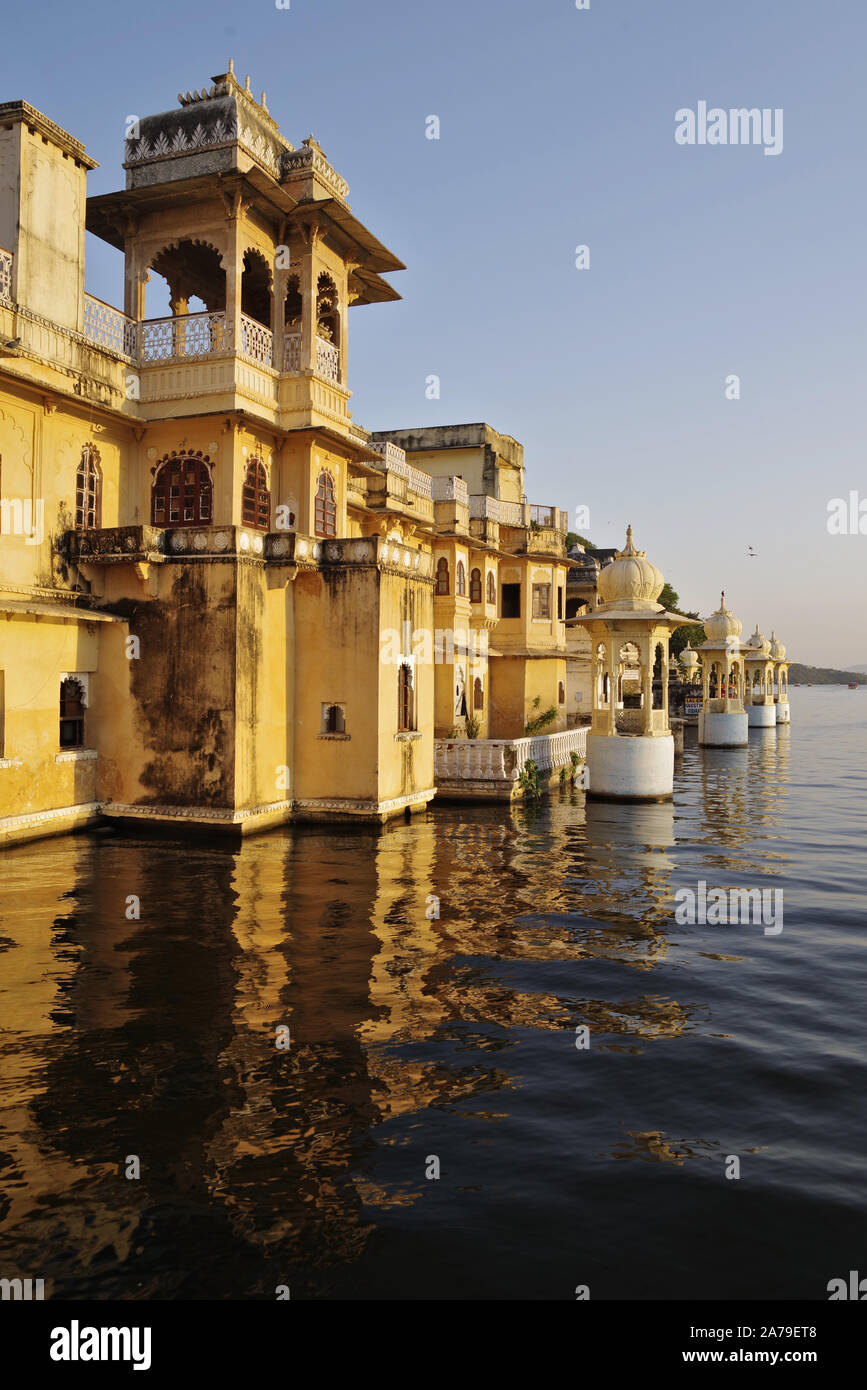 A romantic palace at the lake in the romantic city of Udaipur in ...