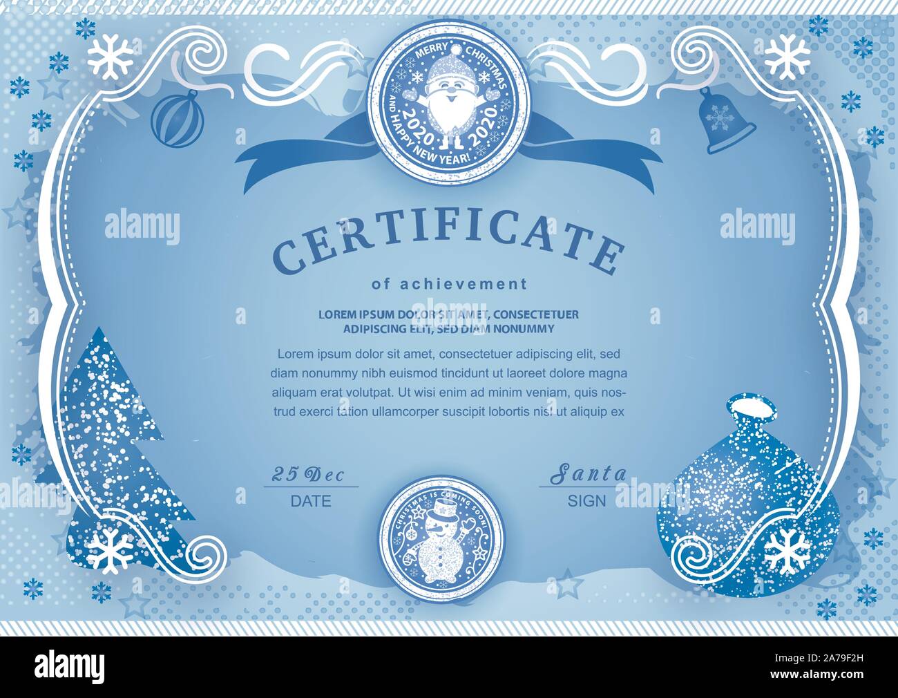 Christmas blue certificate with Santa Claus and Snowman. Winter frozen ...
