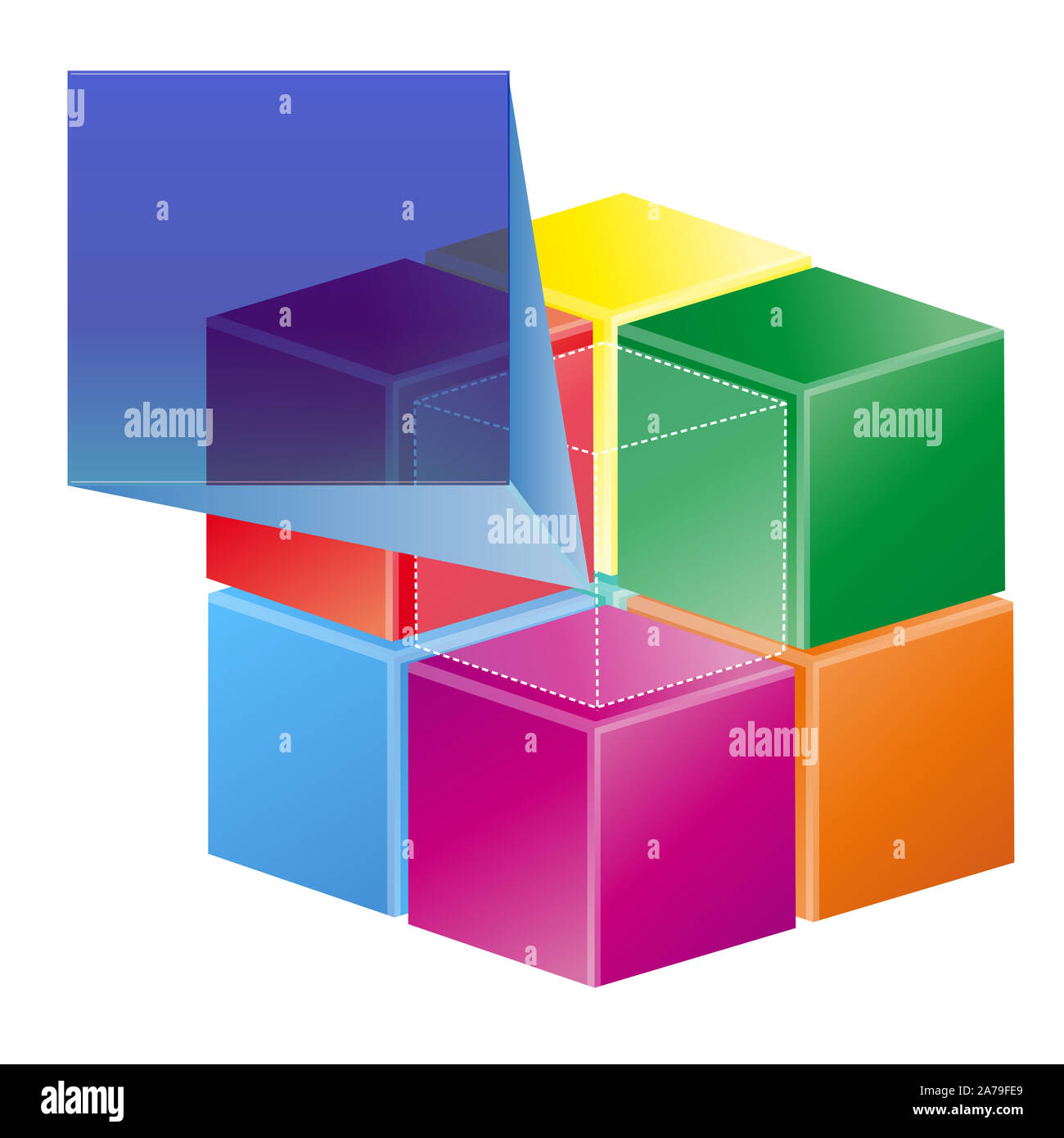 3D Illustration Colored cube 3 D on white background with copy space ...