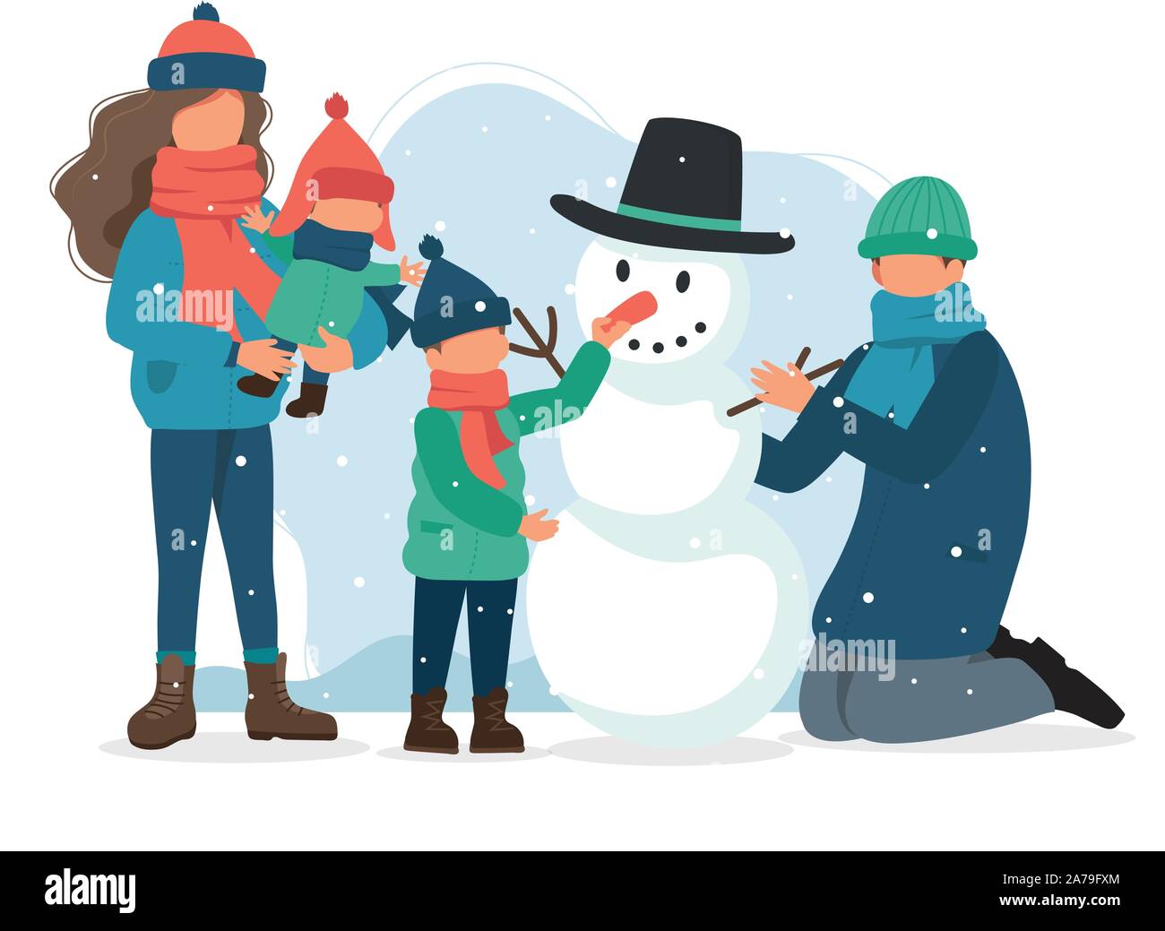 Family making a snowman in winter. Vector illustration in flat style ...
