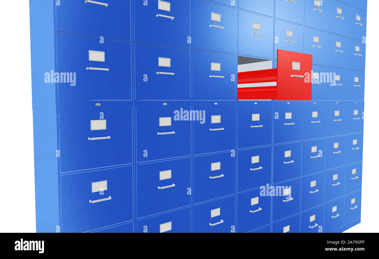 3D Illustration filing cabinet with opened red drawer Stock Photo - Alamy