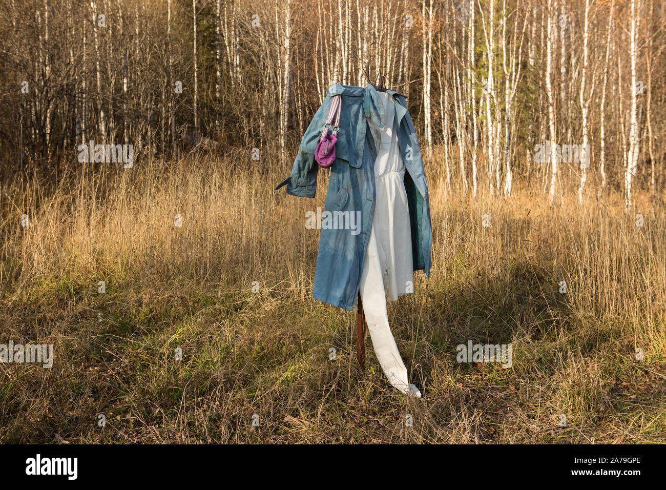 Scary Scarecrow in a clearing in the forest in the orange background of ...