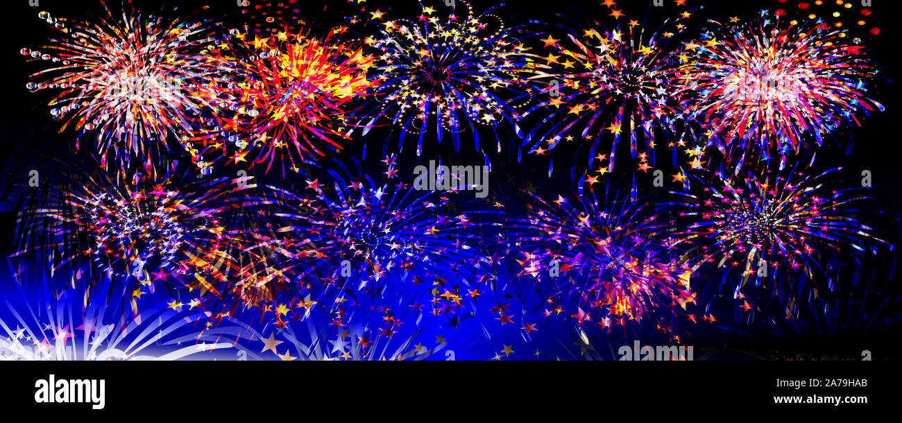 Night fireworks with blue and black sky Stock Photo - Alamy