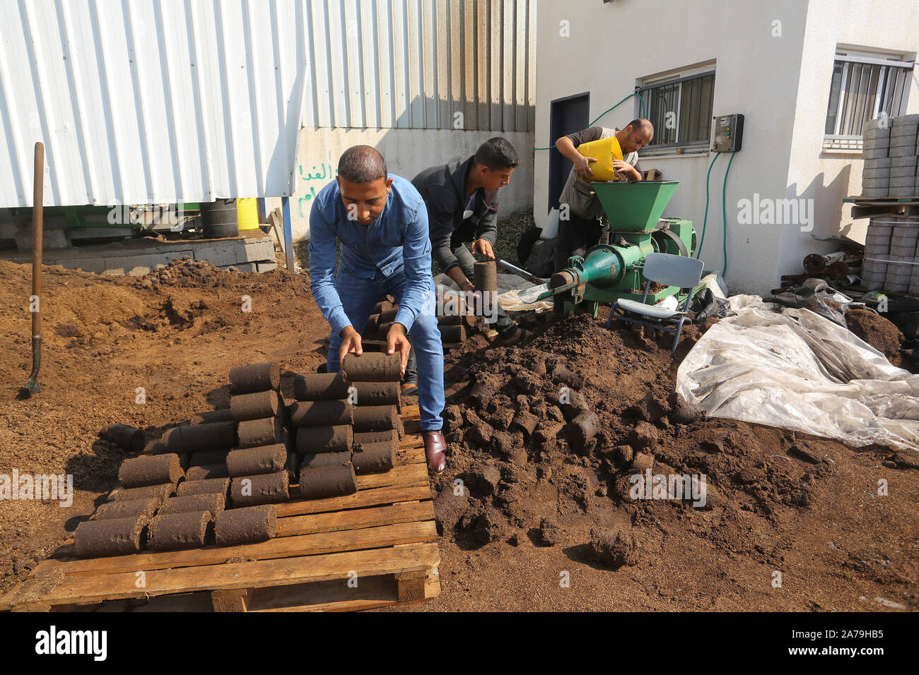 Palestinians make molds from olive pomace that is obtained from the ...