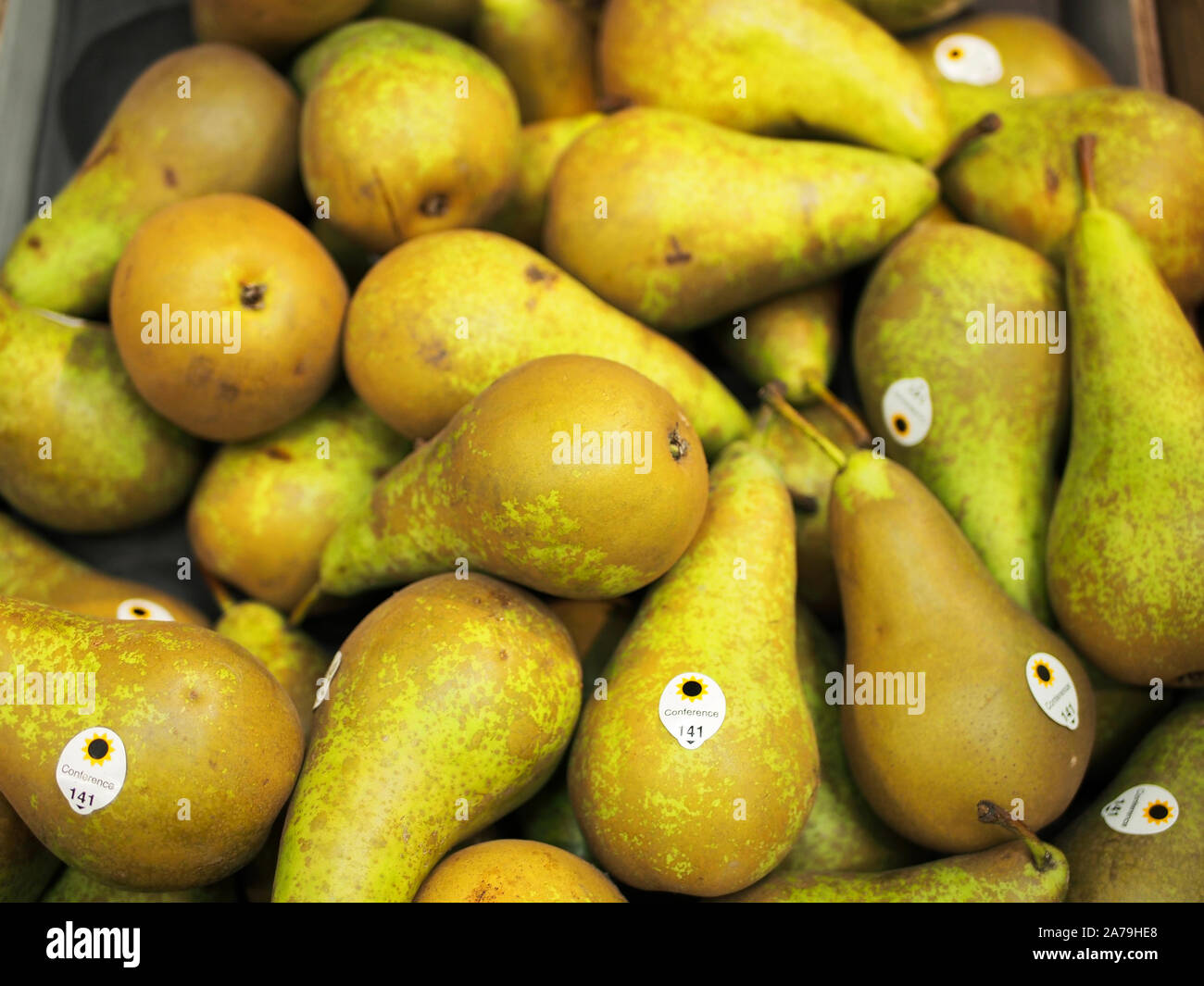 Pile of loos Conference Pears in a Marks and Spencer Food Hall, UK ...