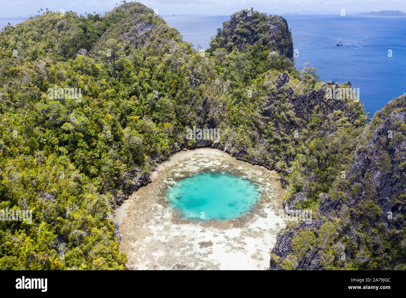 Highly eroded limestone islands rise from the beautiful, tropical ...