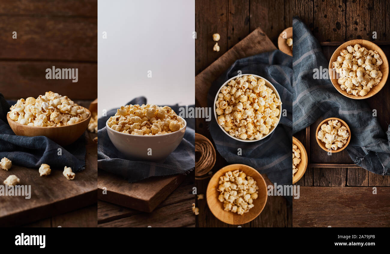 Collage of popcorn with caramel on wooden background Stock Photo - Alamy