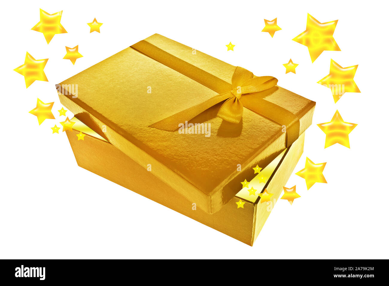 Golden gift box with stars isolated on white Stock Photo - Alamy