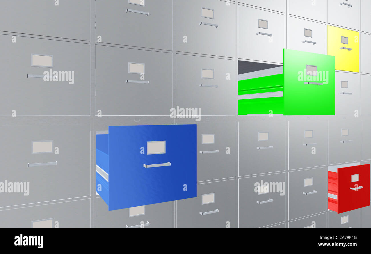 Silver filing cabinet with different colorful open drawer Stock Photo ...
