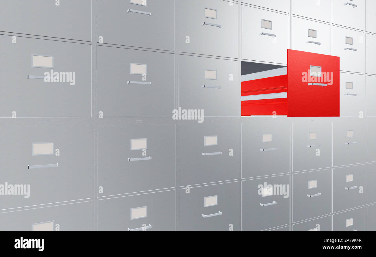 3D Illustration filing cabinet with opened red drawer Stock Photo - Alamy