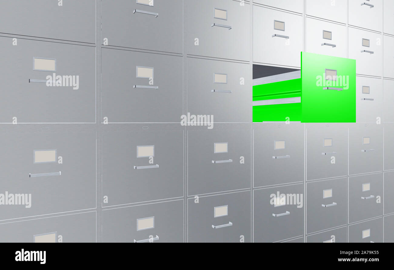 3D Illustration Silver filing cabinet with open green drawer Stock ...