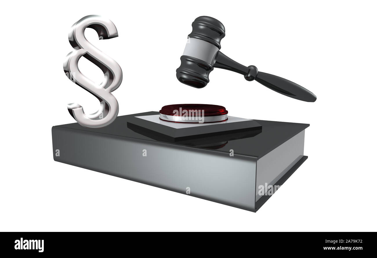 Law book with judge's hammer and paragraph sign on white background ...