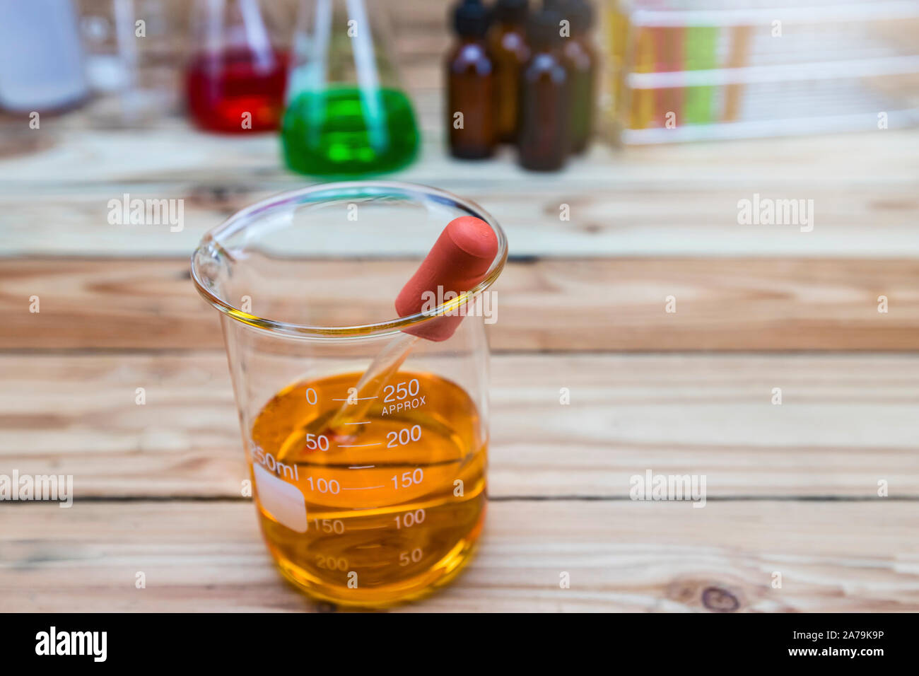 Beaker and bottle. Several chemical solution in flask. Laboratory ...