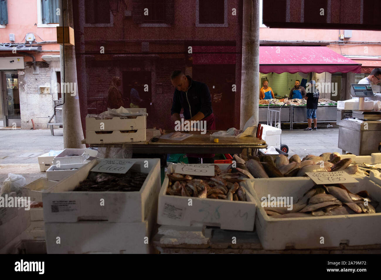 Traditional fresh wet fish display on ice at the traditional fish ...