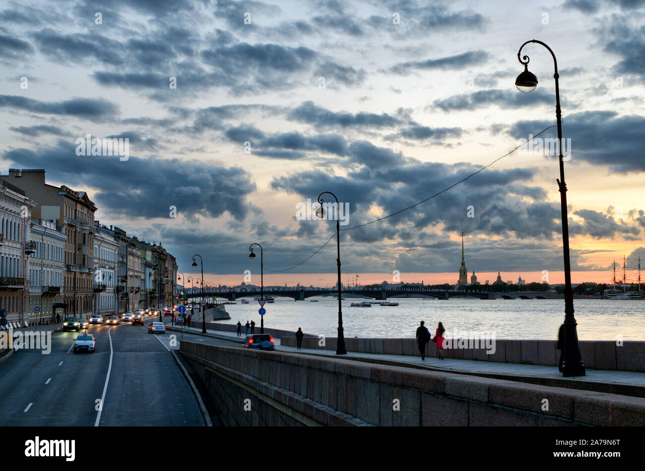 City skyline at night.The promenade illuminated by electric lights from ...