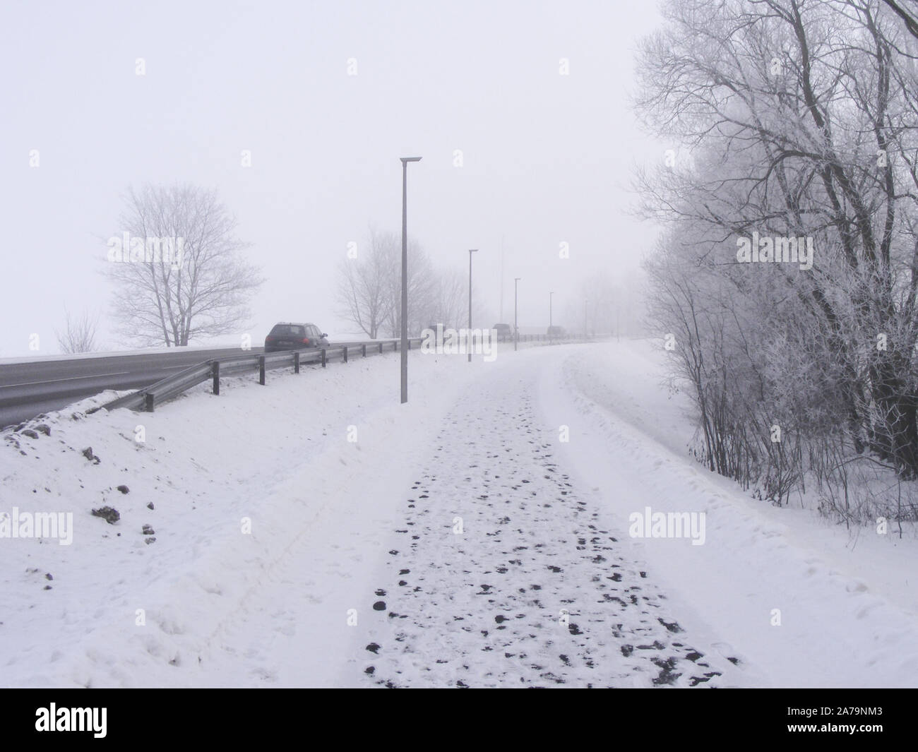 Road traffic in low visibility conditions. Landscape with fog, a snowy ...