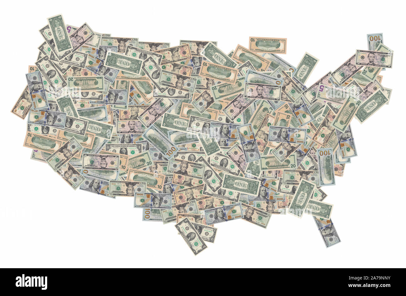 United States of America map formed with american dollars bills ...