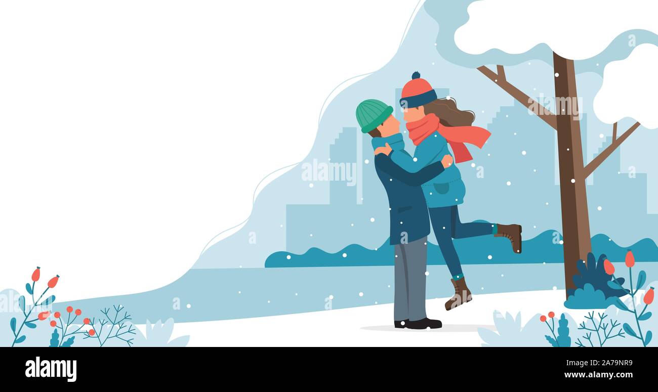 Loving couple in winter. Cute vector illustration in flat style Stock ...