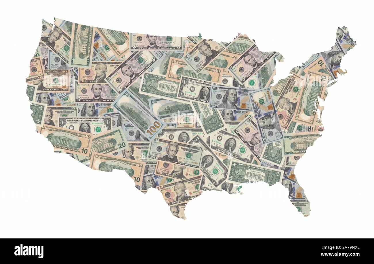 United States of America map formed with american dollars bills ...
