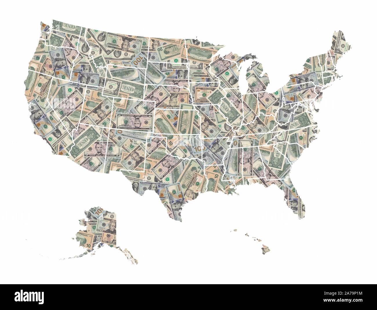 United States of America map formed with american dollars bills ...