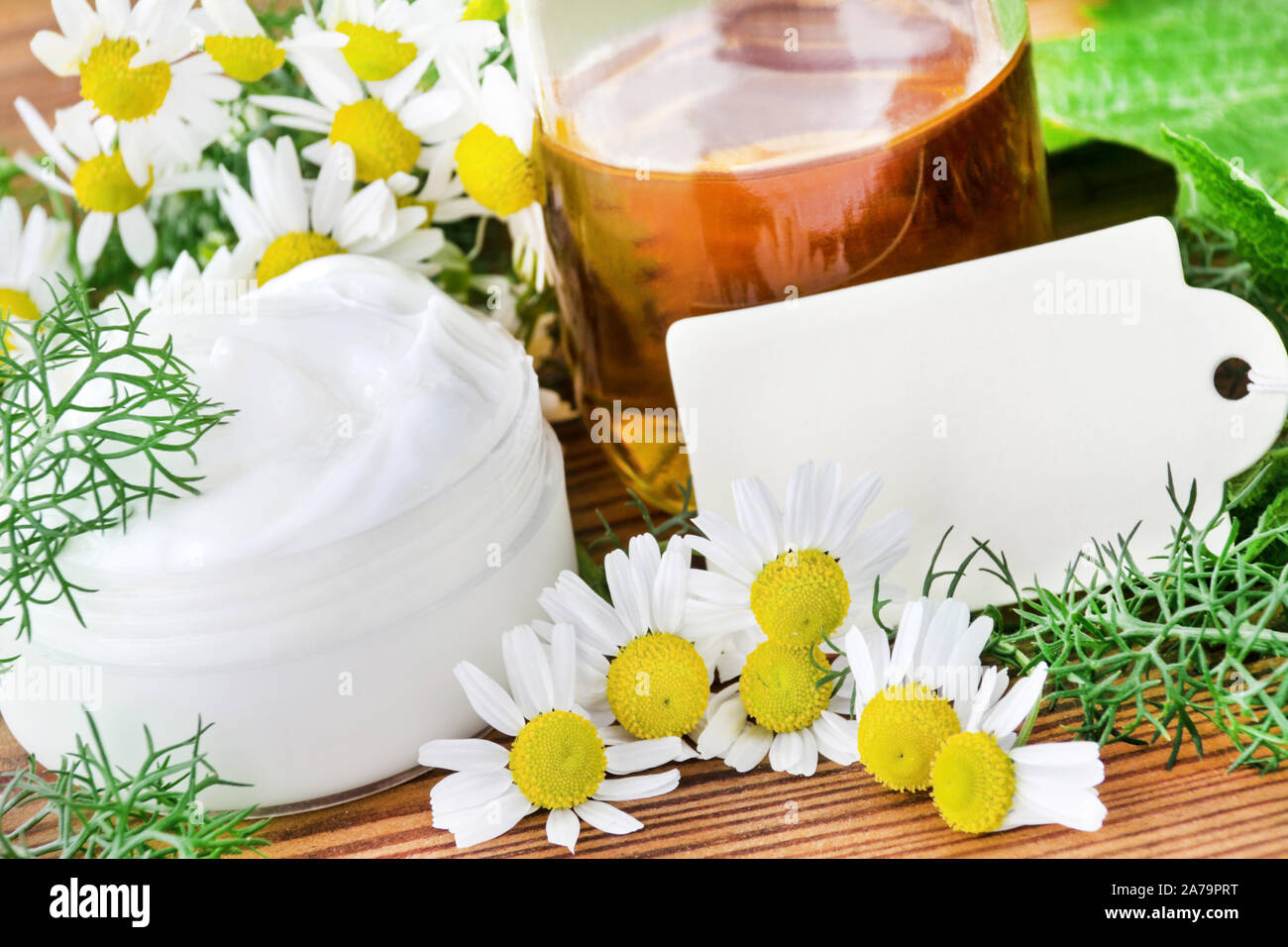 Chamomile - cream and oil - label Stock Photo - Alamy