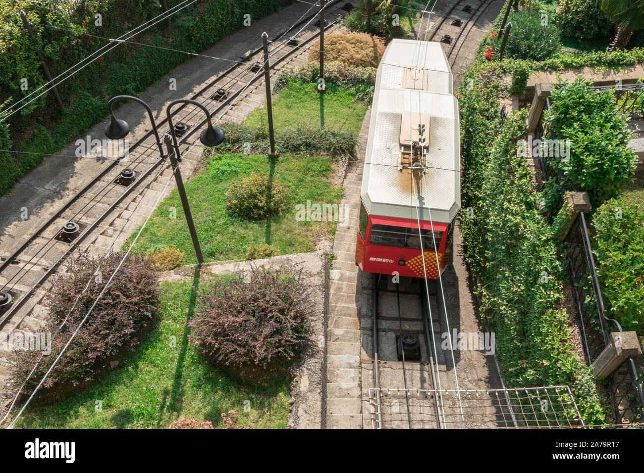 Upper city funicular line in Bergamo (Funicolare Citta Alta). Red ...