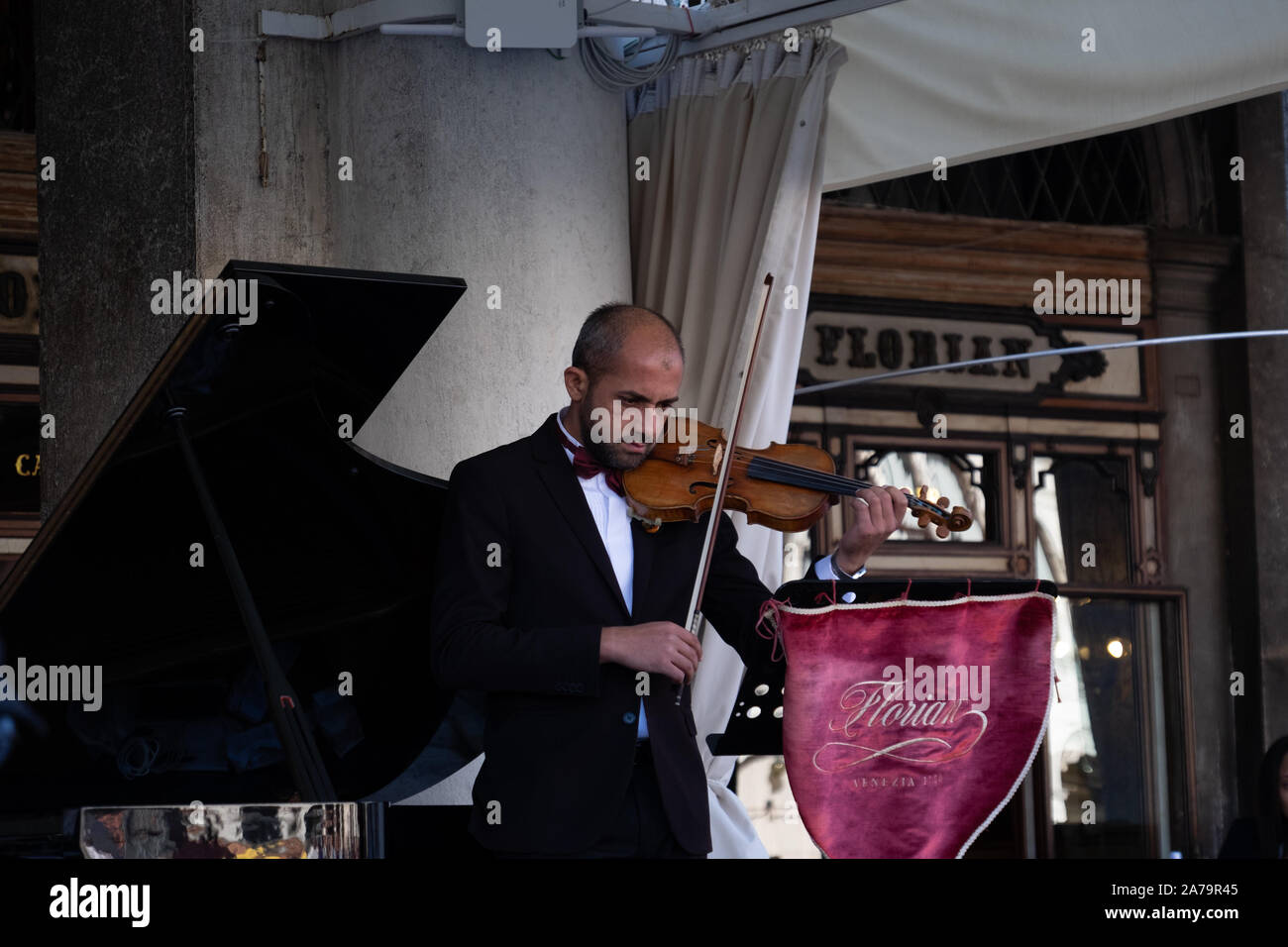Sole male violinist against an open grand piano backdrop playing for ...