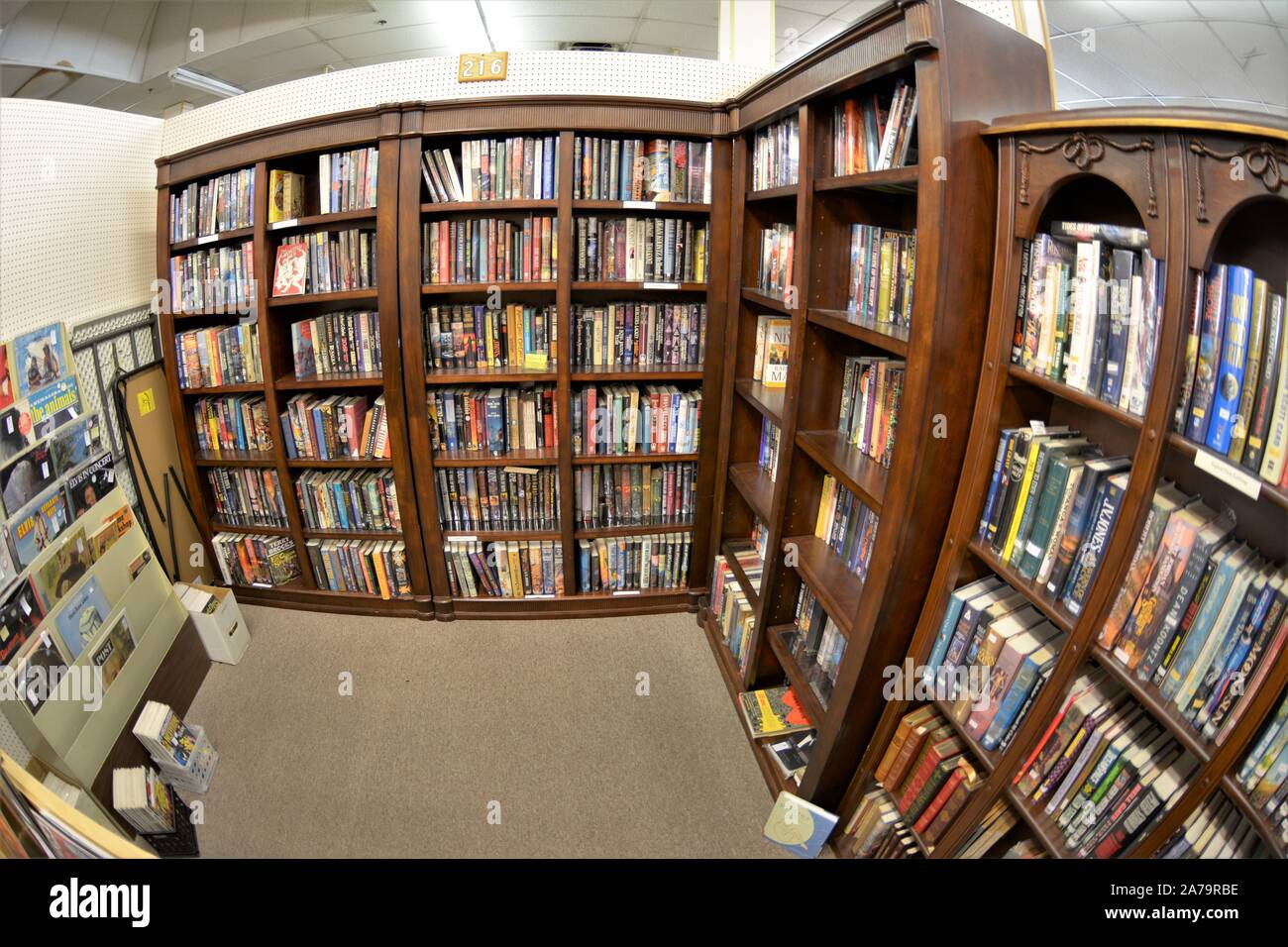 Books for sale at second hand store with some new ones and shopper ...