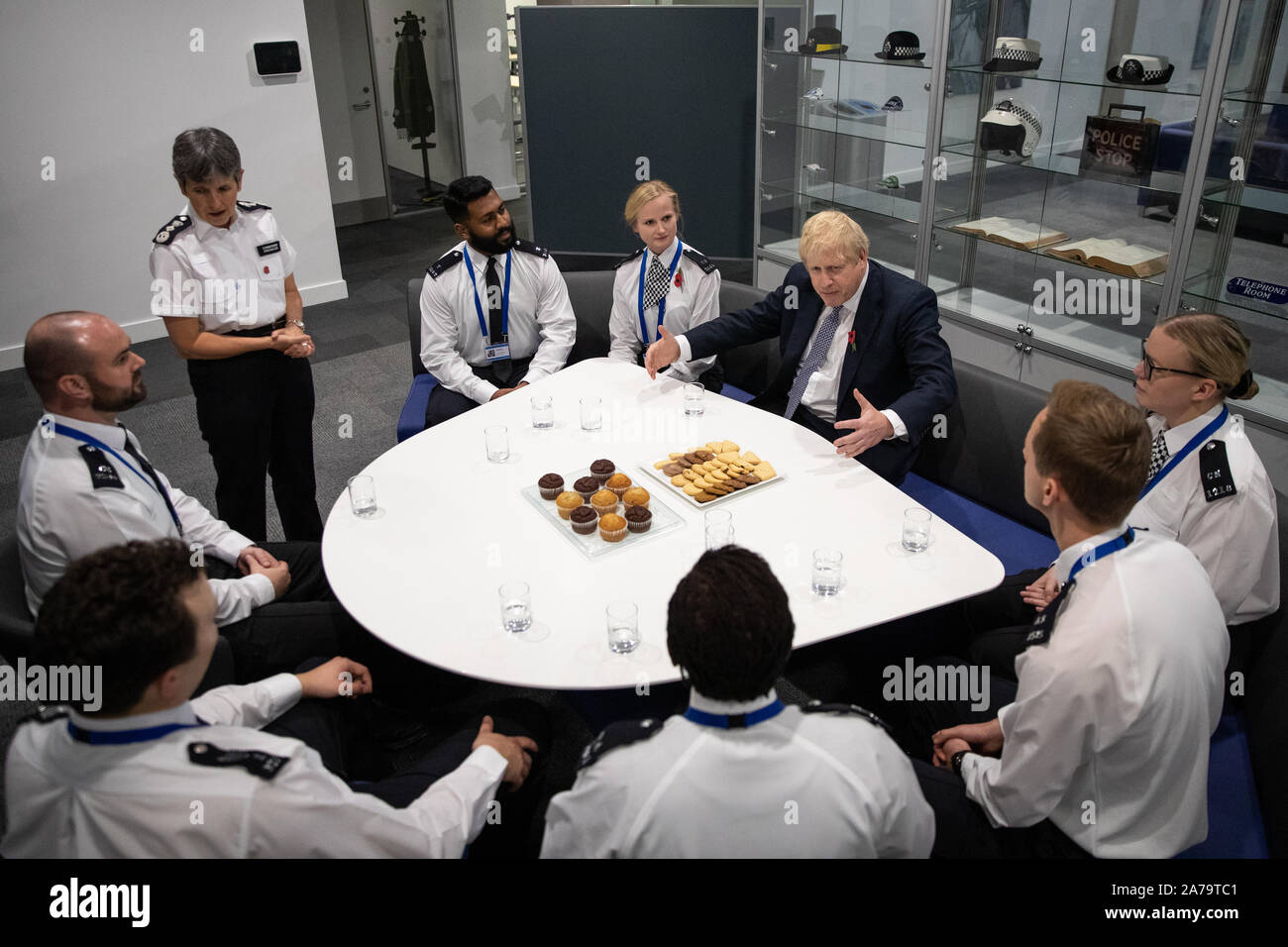 Prime Minister Boris Johnson talks to recruits during a visit to ...